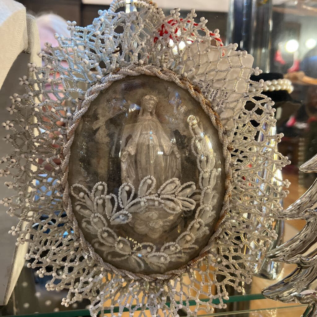 Antique French Religious diorama featuring the Virgin Mary, with hundr ...